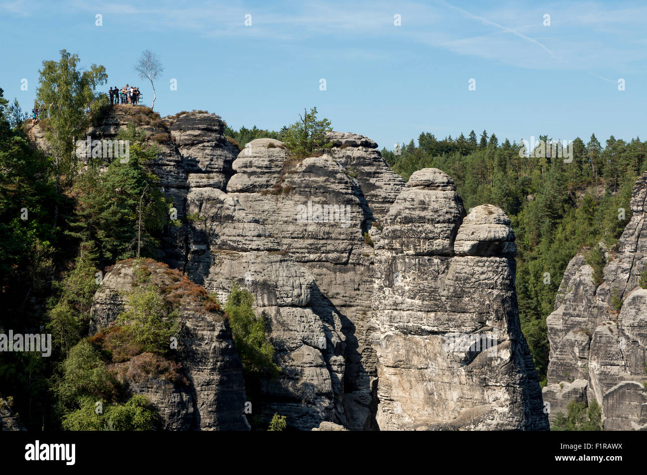 Sandstone rocks, forests and blue sky in the Germany Switzerland Stock ...