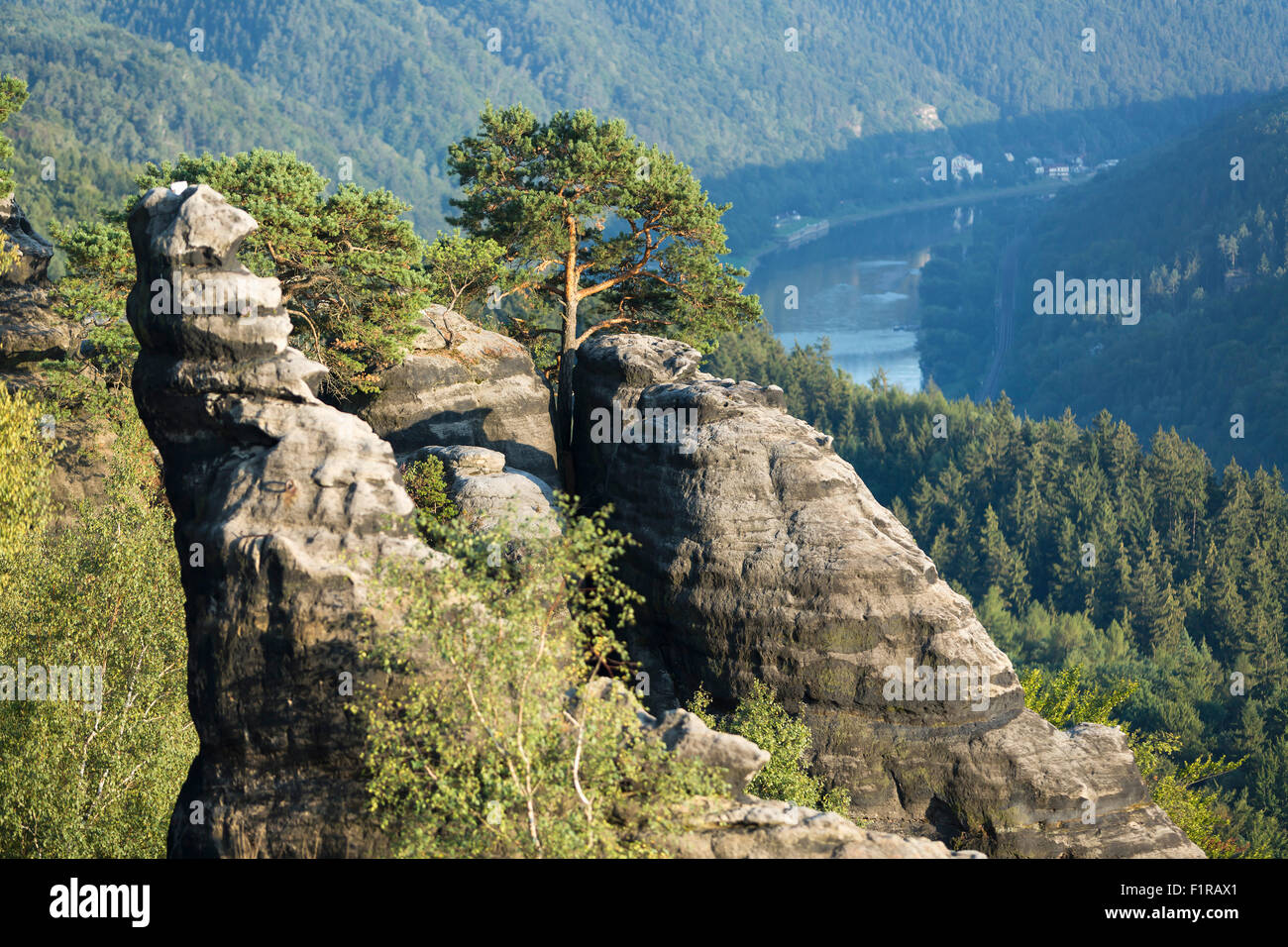 Sandstone rocks Bastein, forests and blue sky in the Germany ...