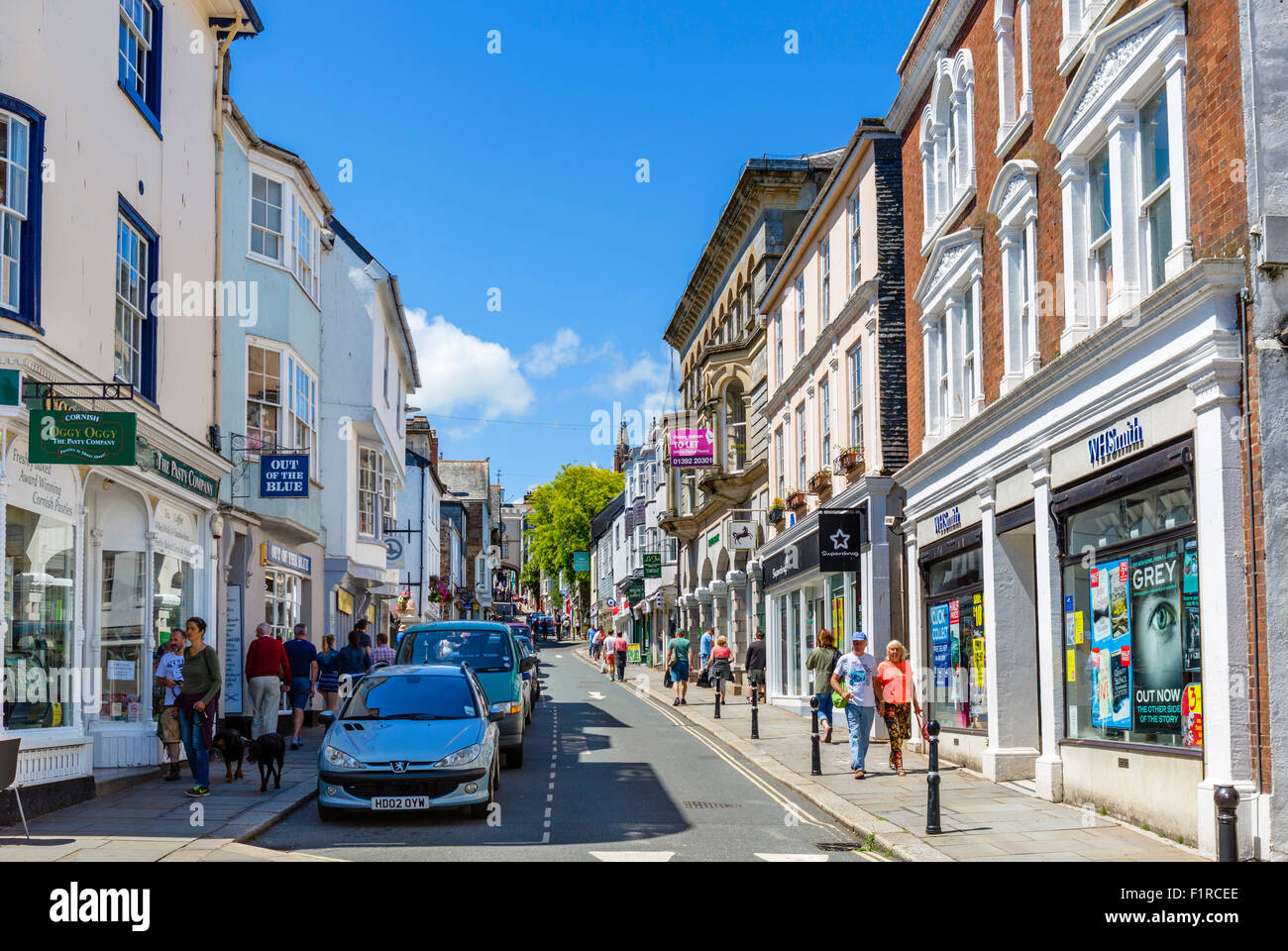 Shops on Fore Street in the town centre, Totnes, Devon, England, UK ...