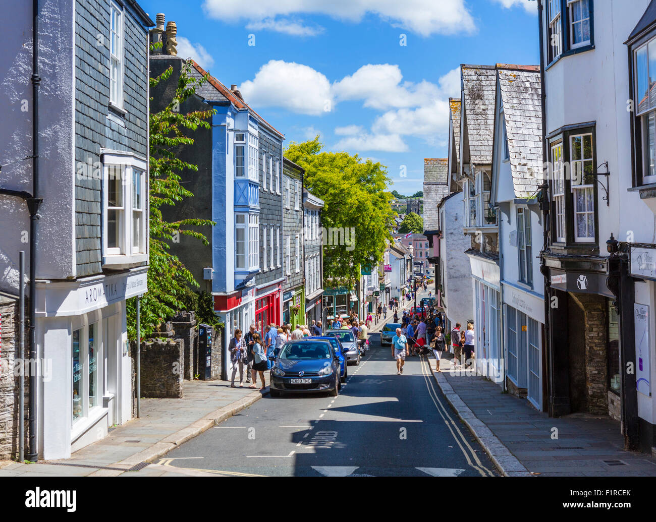 Shops on Fore Street in the town centre, Totnes, Devon, England, UK ...