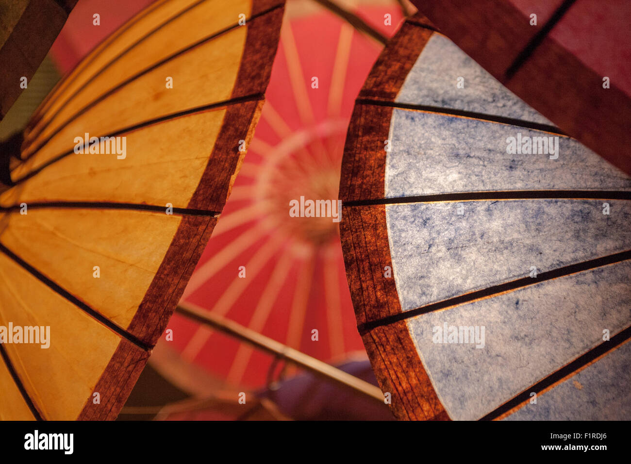 Back lit colorful paper sun parasols for sale at night market, Luang ...