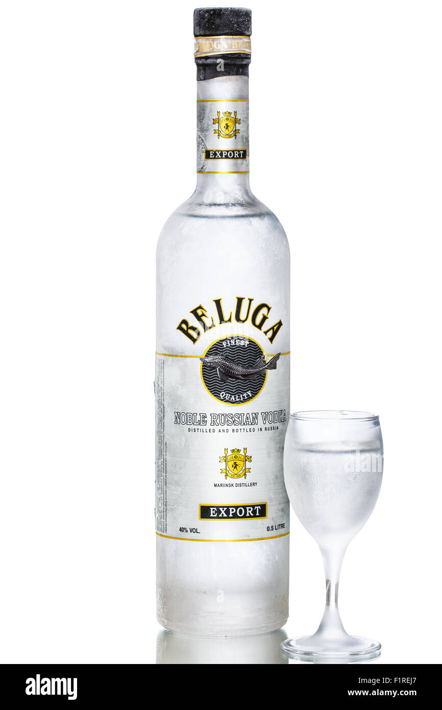 Solikamsk, Russia - May 23, 2014: Frosted beluga Vodka bottle in studio ...