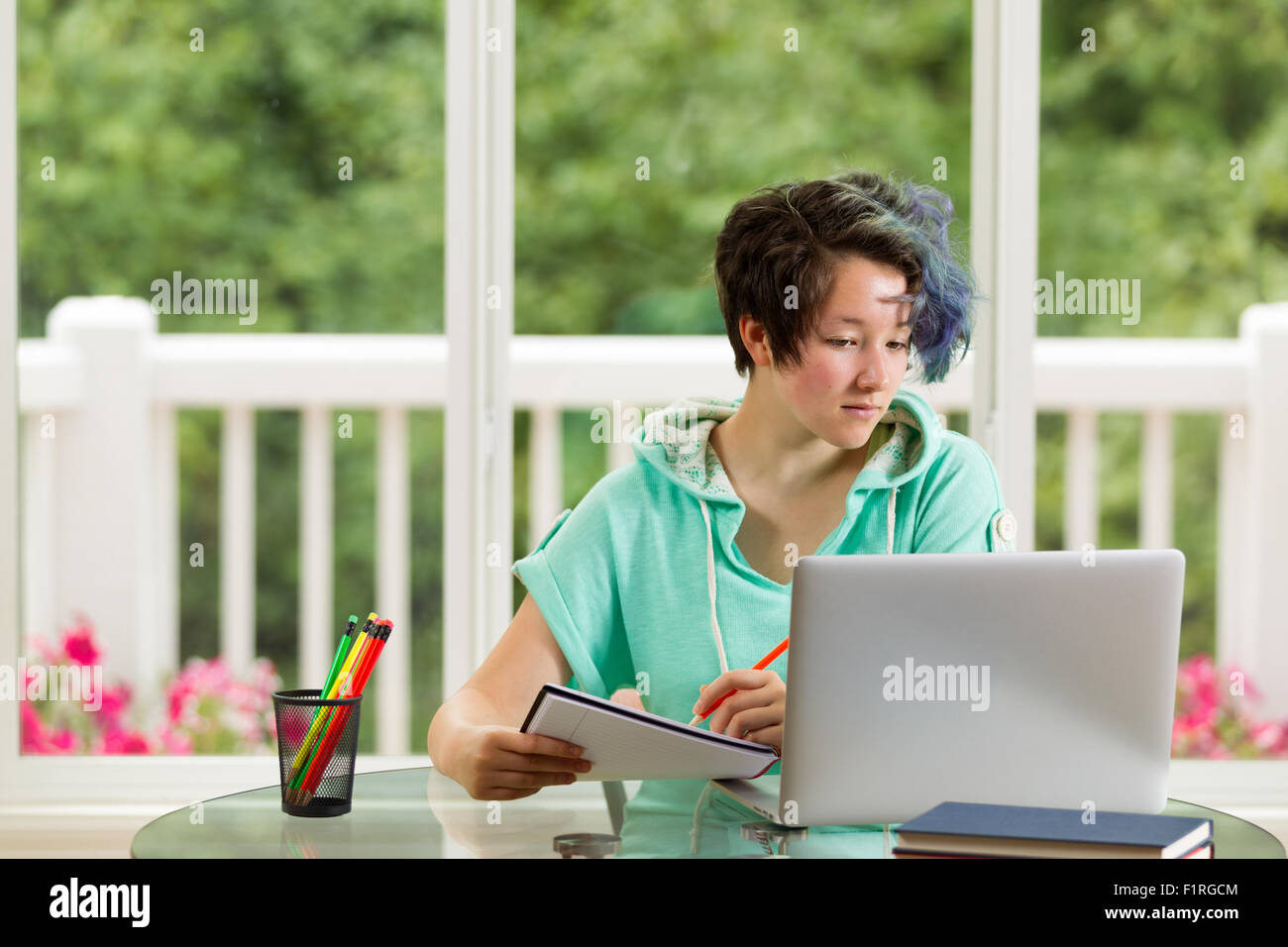 Relaxed teen girl taking notes while looking at computer. Large windows ...
