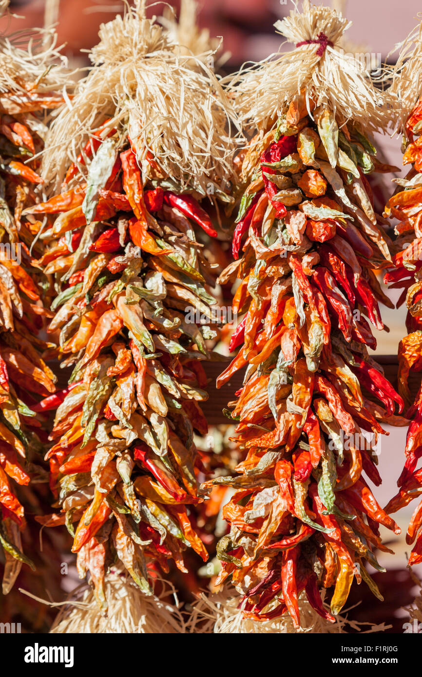 Groups of small colorful chili peppers hung up on strings in the ...