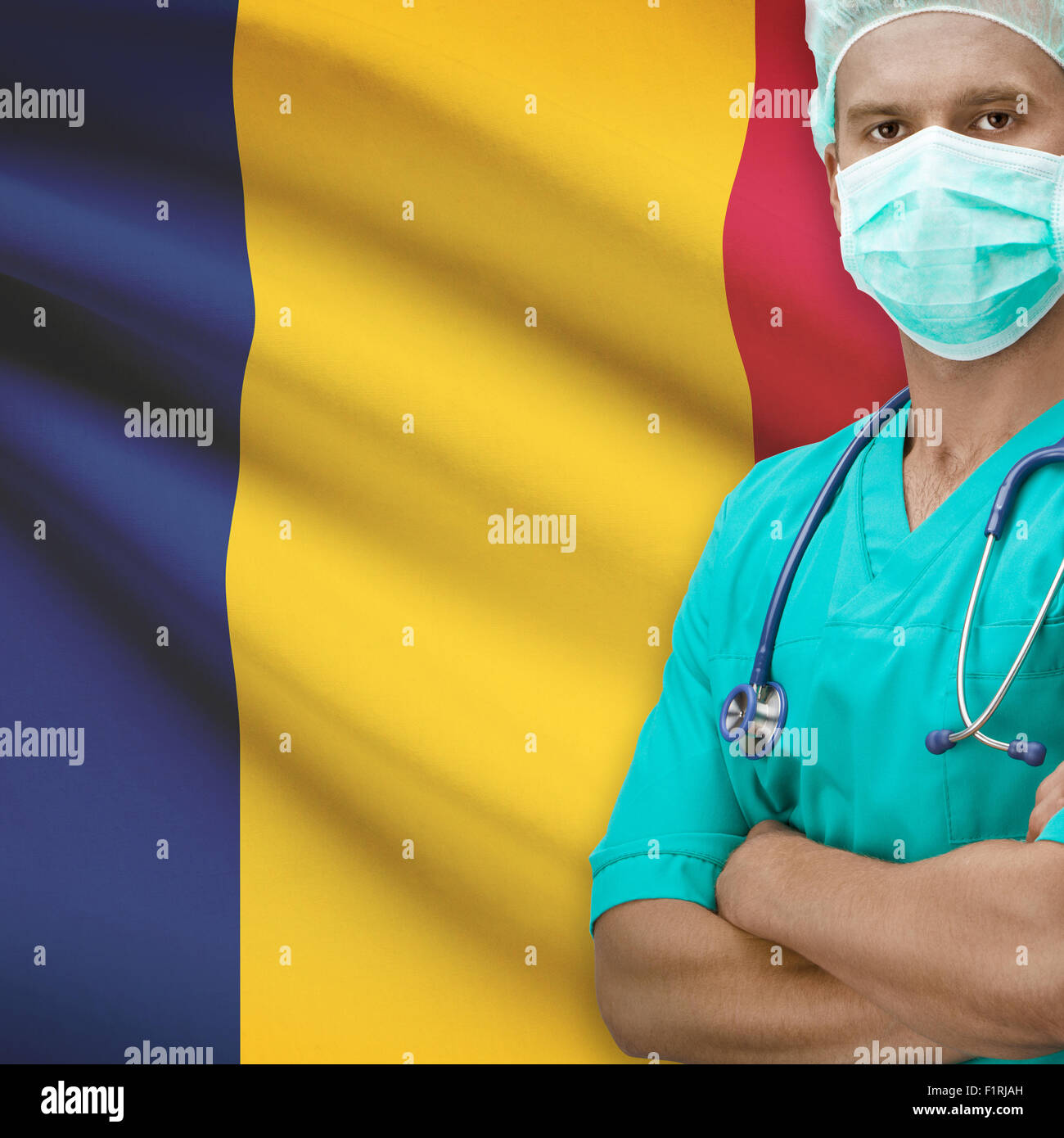 Surgeon with flag on background - Chad Stock Photo - Alamy