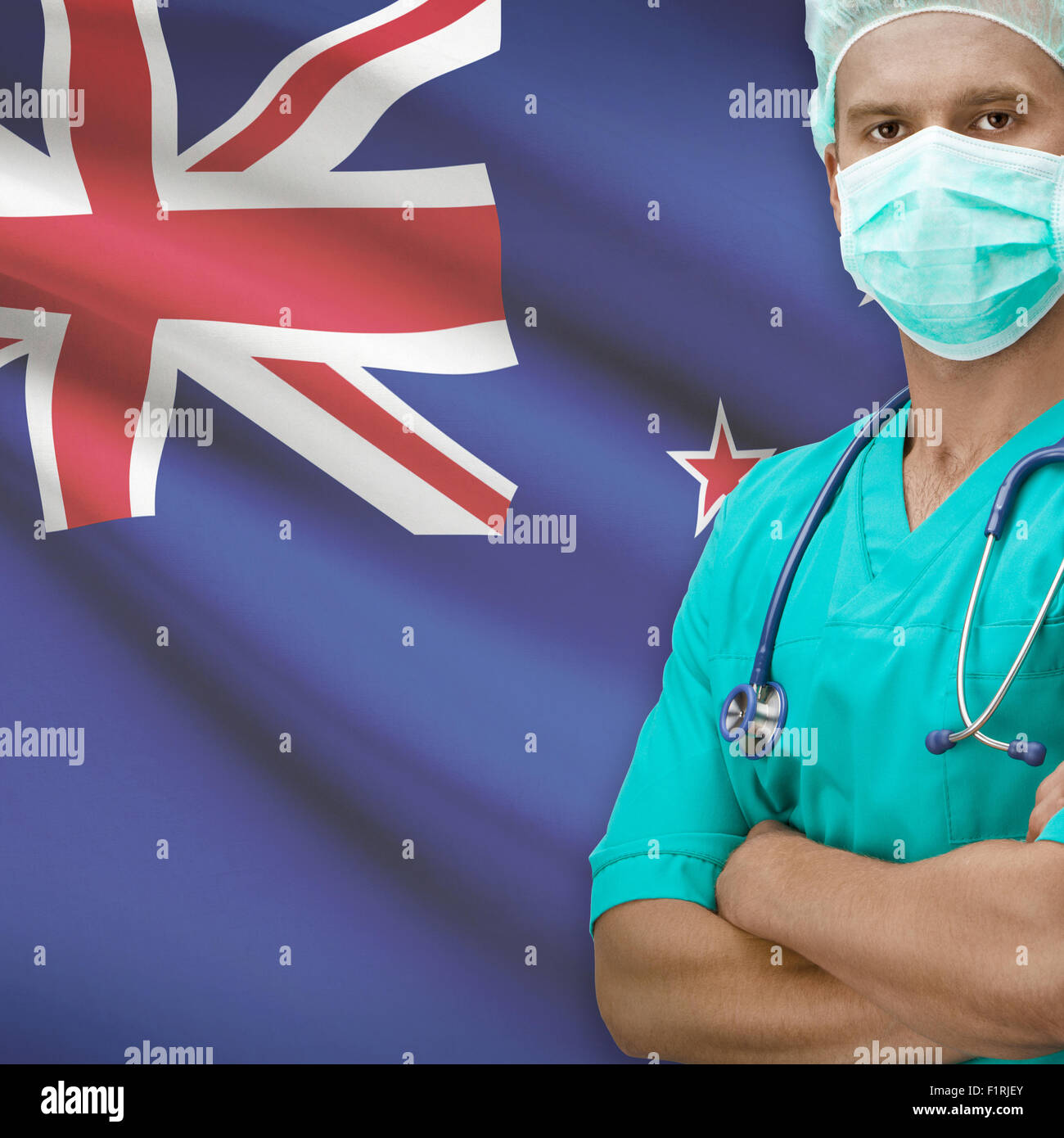 Surgeon with flag on background - New Zealand Stock Photo - Alamy