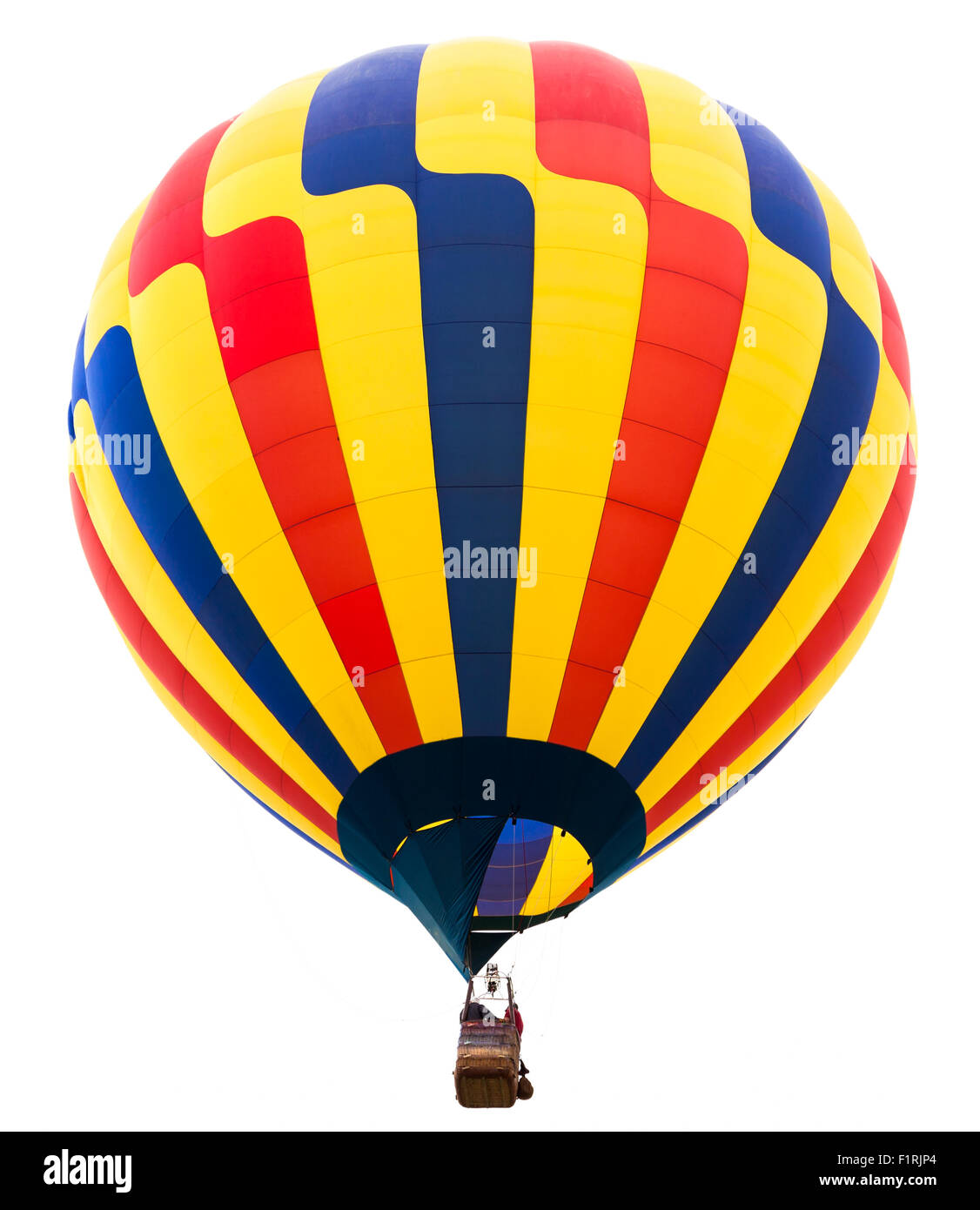 A red, blue and yellow striped hot air balloon isolated on a white ...
