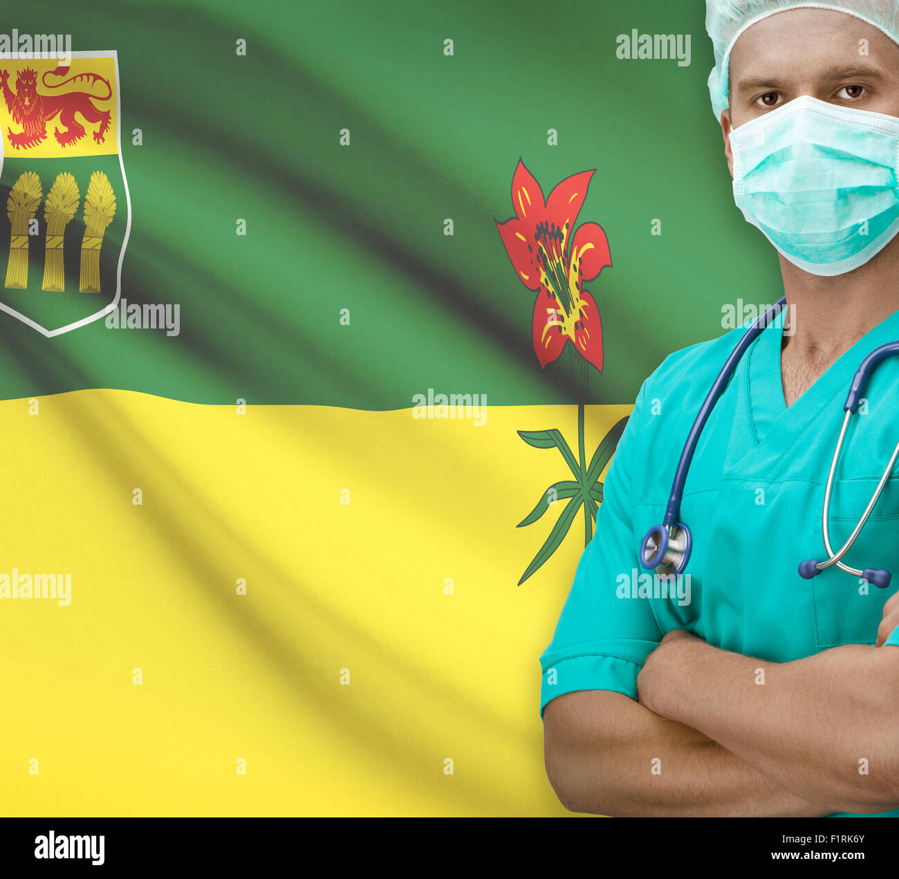 Surgeon with Canadian province flag on background - Saskatchewan Stock ...