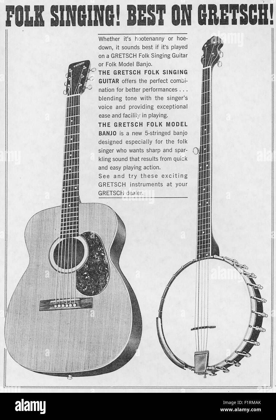 FOLK MUSIC EPHEMERA, circa 1960s. PRINT AD FOR GRETSCH GUITAR AND BANJO ...