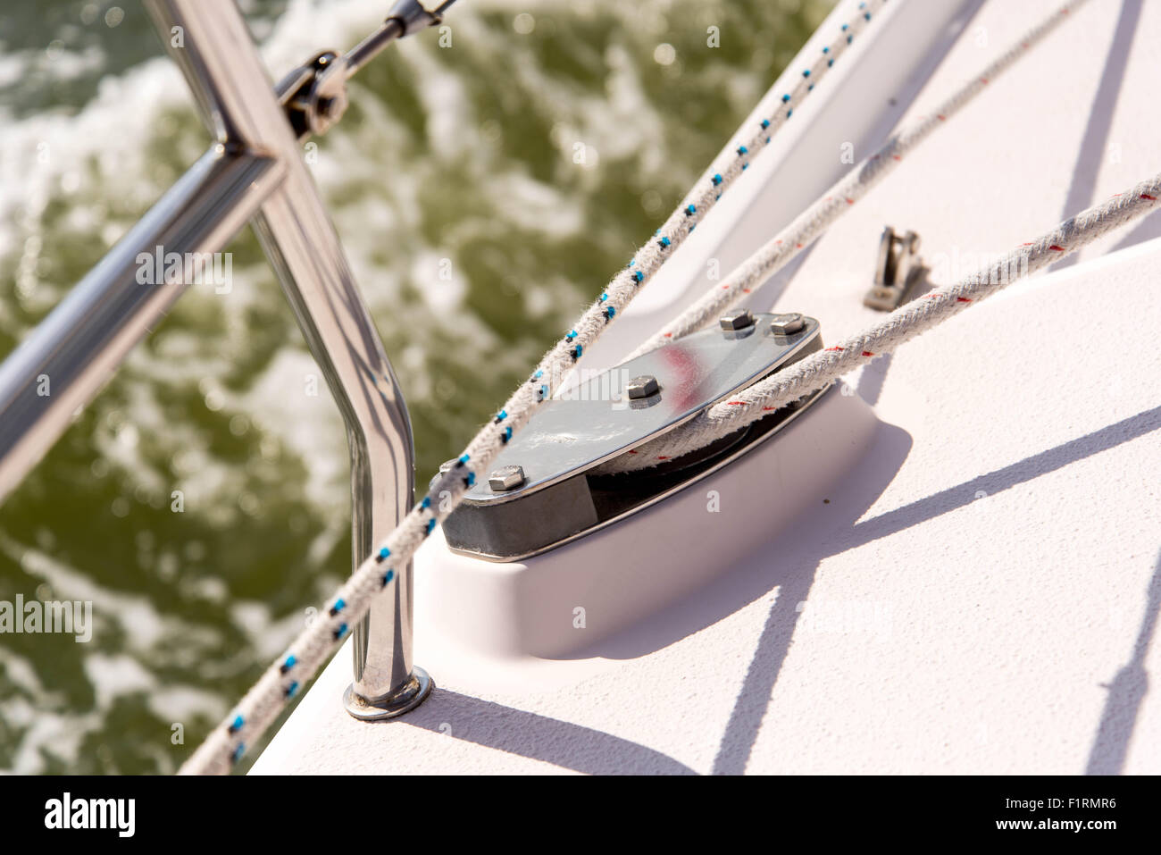 lines and ropes on a sailing yacht in the open ocean Stock Photo - Alamy