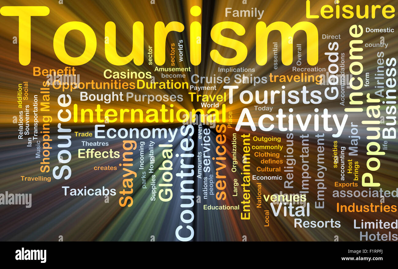 Background concept wordcloud illustration of tourism glowing light ...