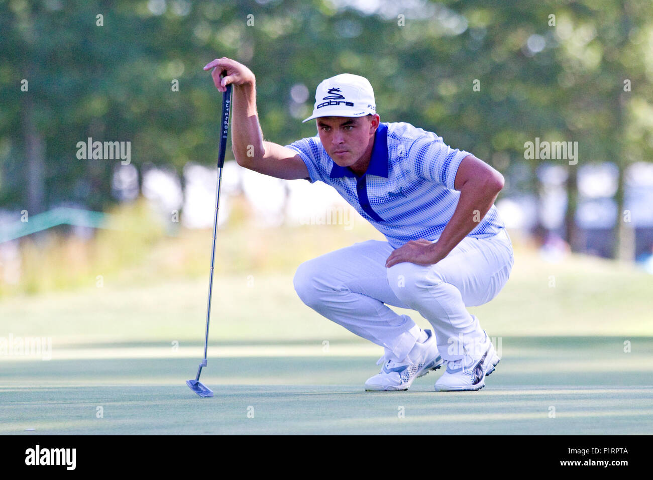 Norton, MA, USA. 6th September, 2015. Rickie Fowler lines up a shot at ...