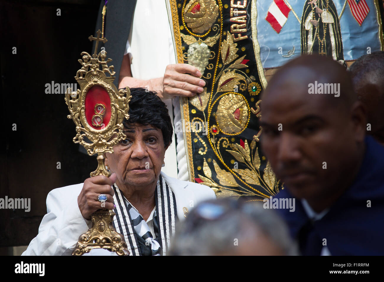 New York, United States. 06th Sep, 2015. A congregant from the Church ...