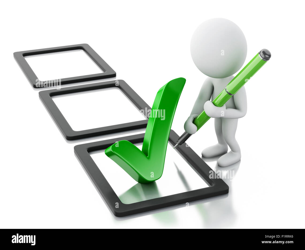 3d renderer image. White people marking ticks with green mark in the ...