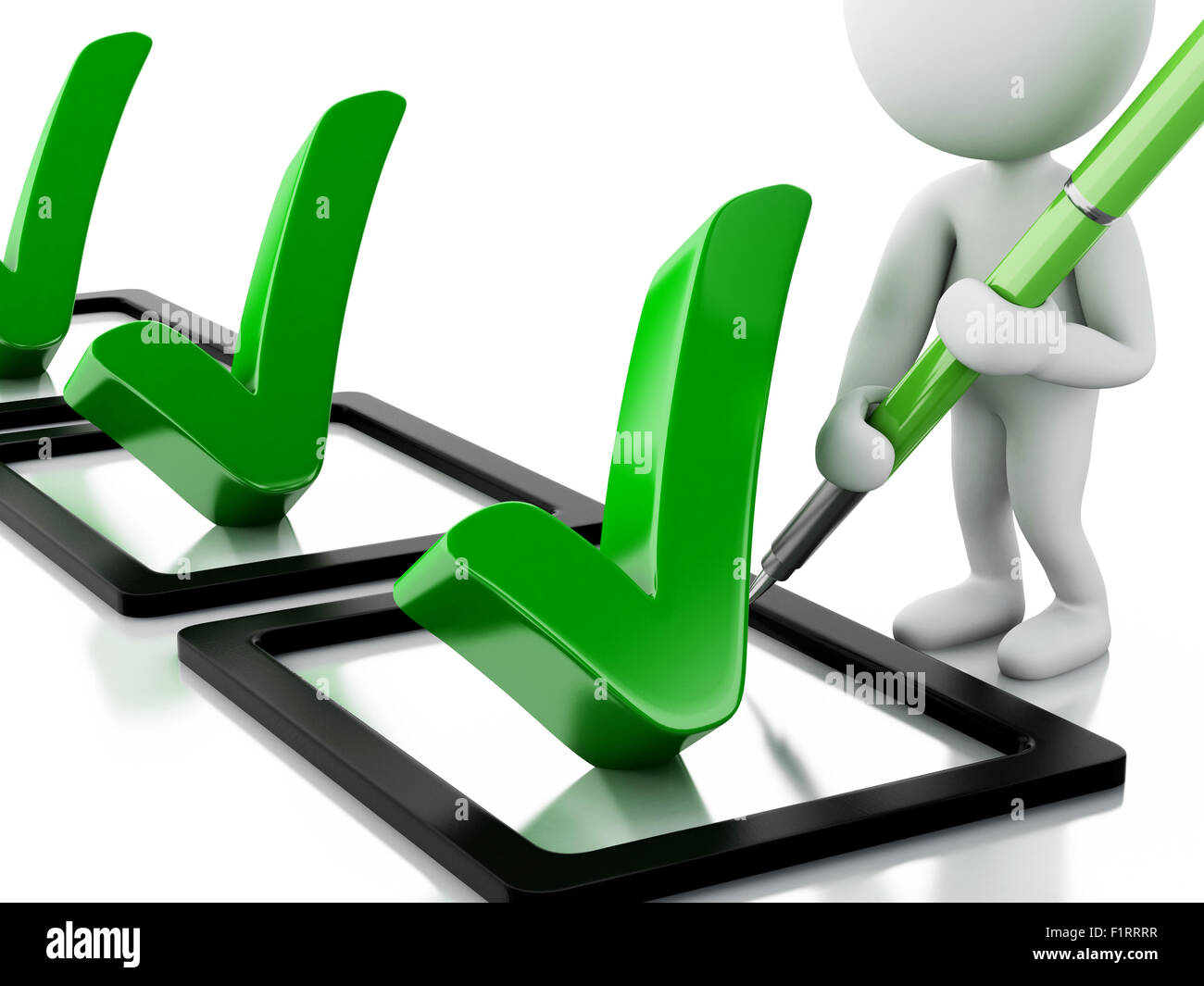 3d renderer image. White people marking ticks with green mark in the ...