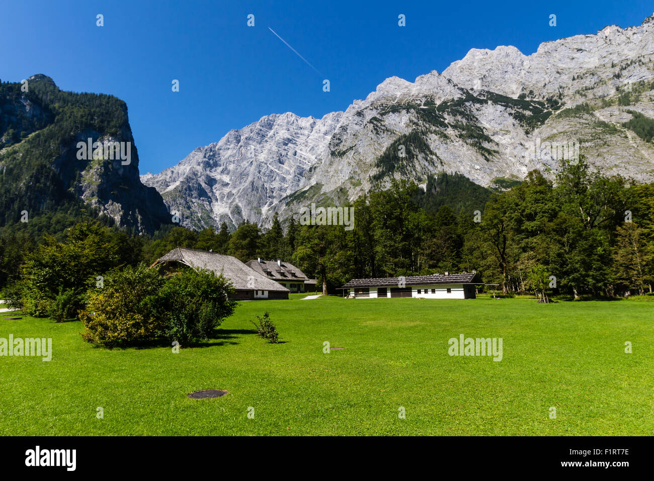 View of Alp mountains and green field from Konigsee, Germany Stock ...