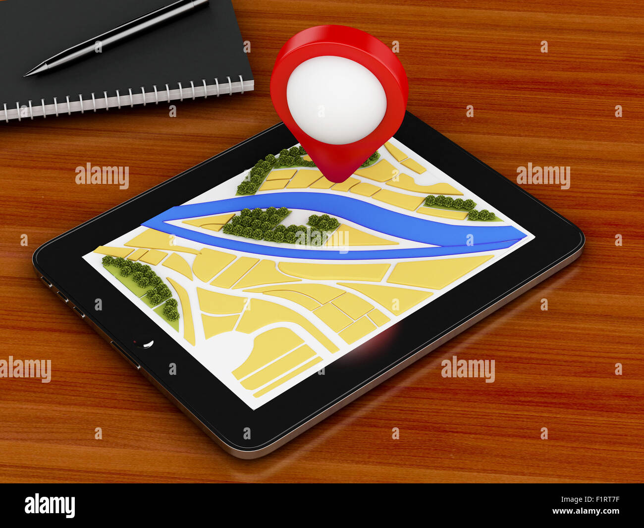 3d renderer image. Tablet pc with navigator map and pointer marker on ...