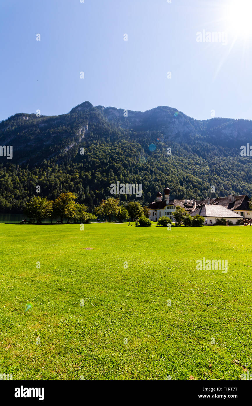 View of Alp mountains and green field from Konigsee, Germany Stock ...