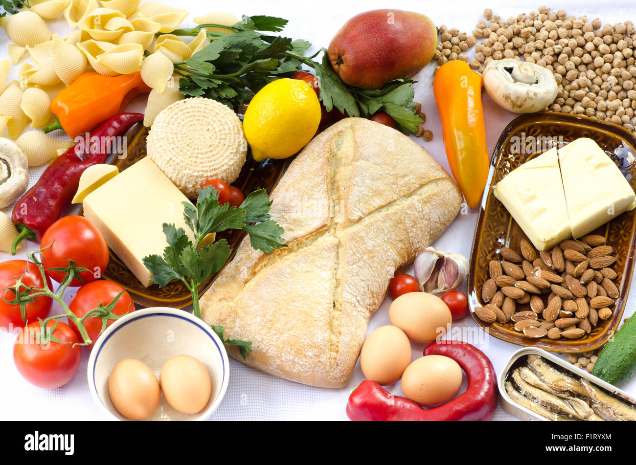 assortment of food products on table Stock Photo - Alamy
