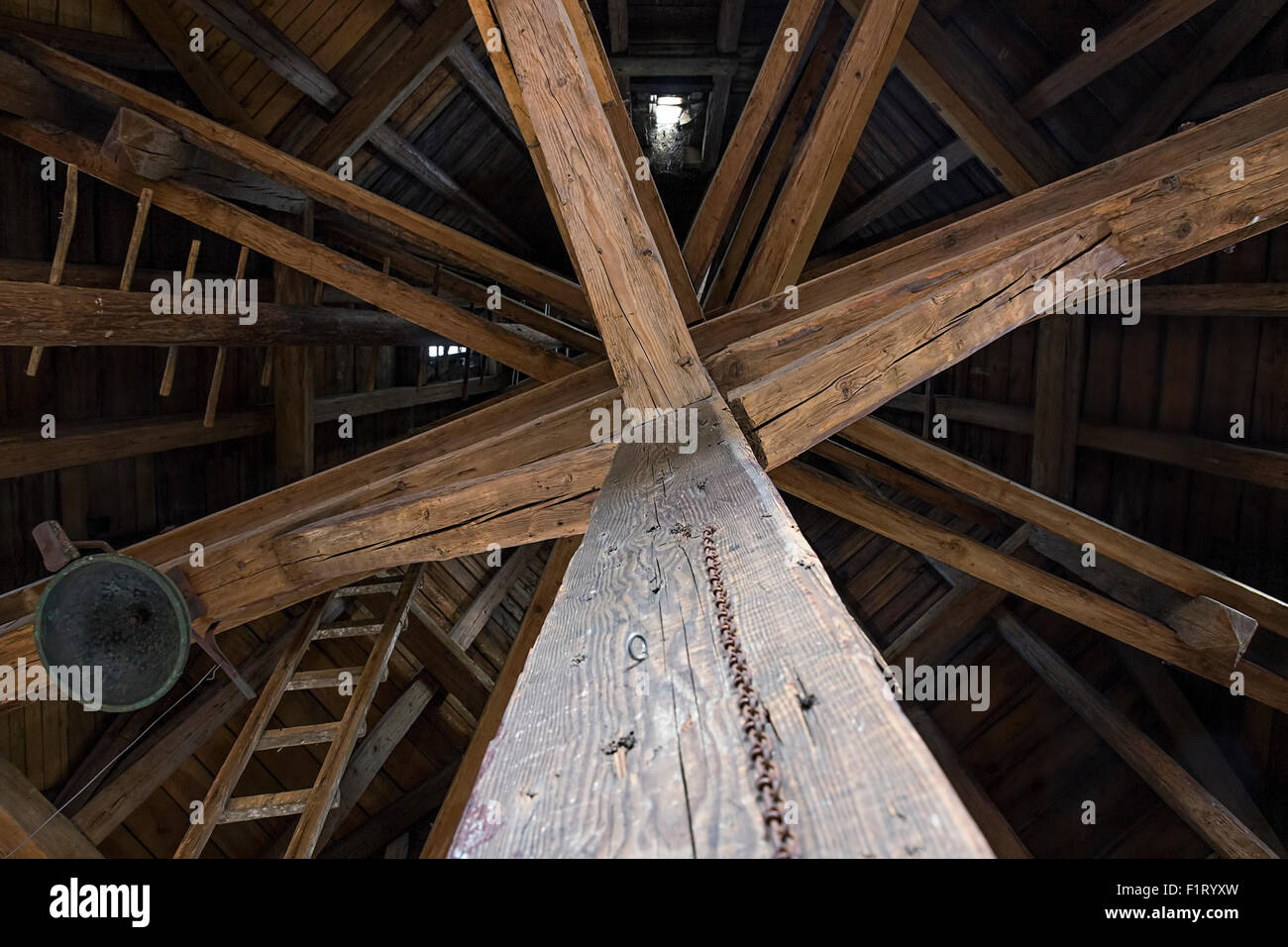 Old wooden beams in attic of historic tower in Prague Stock Photo - Alamy