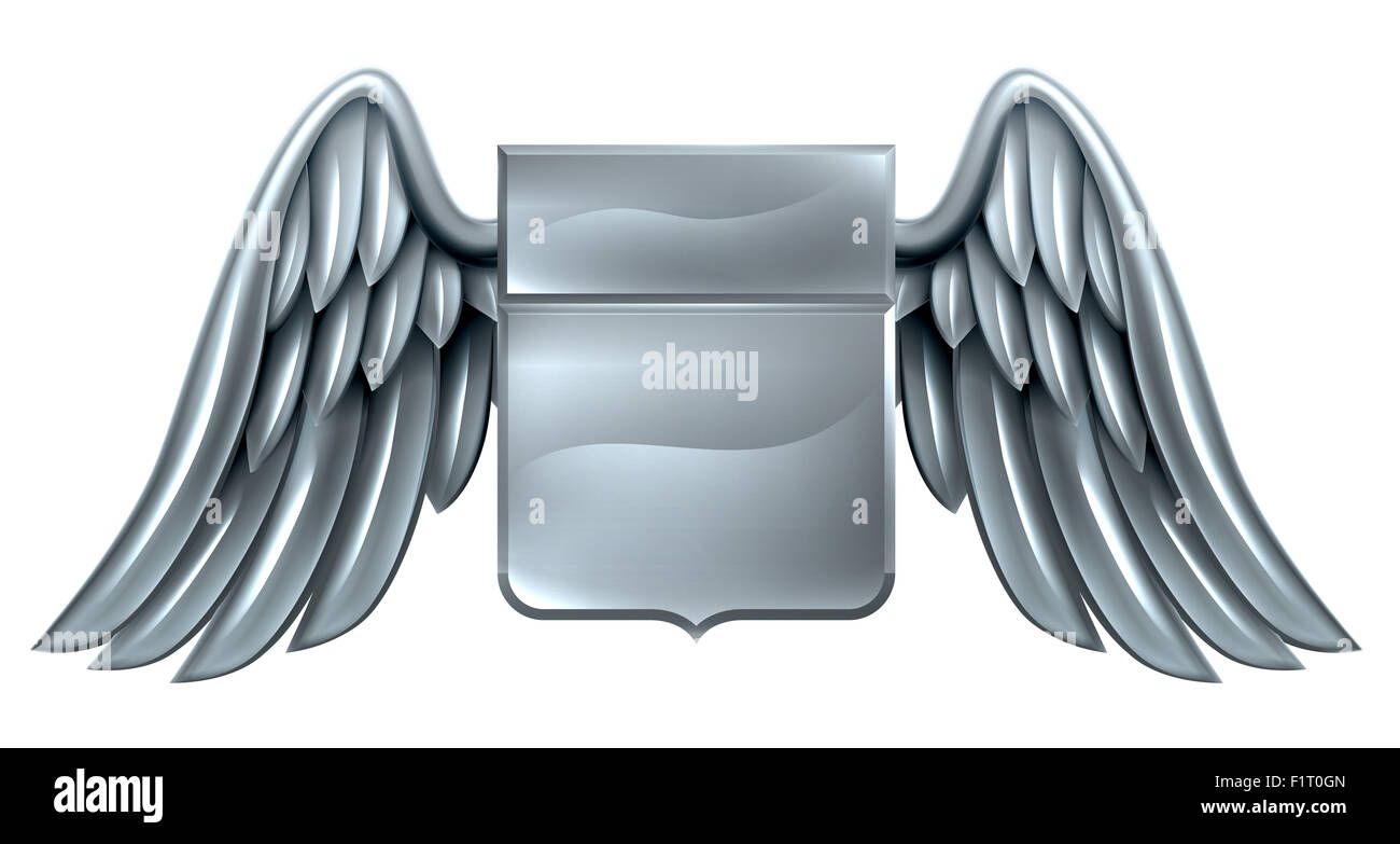 A winged silver steel metal shield heraldic heraldry coat of arms ...