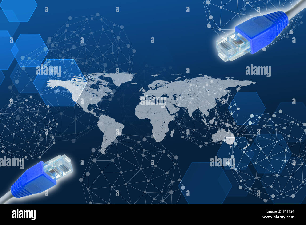 Blue computer cables with world map Stock Photo - Alamy