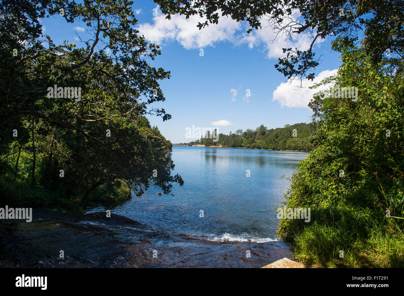 Mandala falls flowing in the artificial lake on the Mulunguzi Dam ...