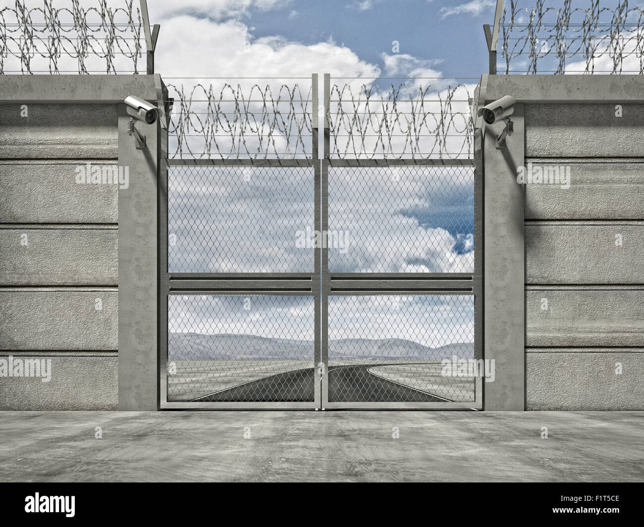 3d image of security border line gate with razor wire Stock Photo - Alamy