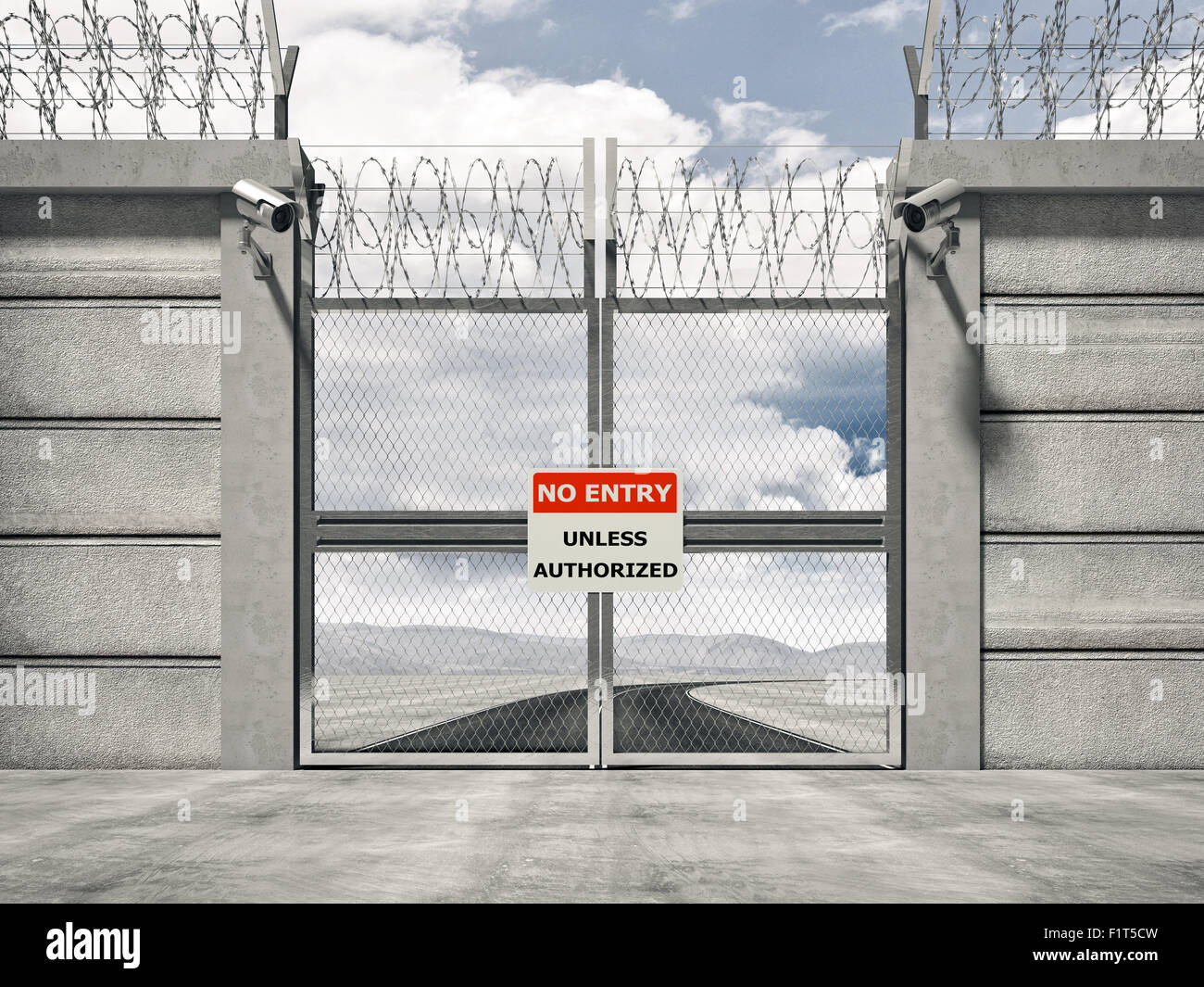 3d image of security border line gate with razor wire Stock Photo - Alamy