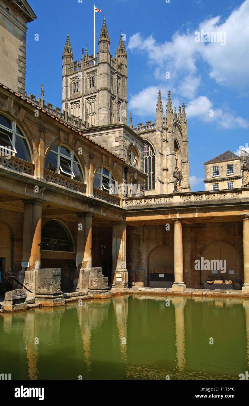 Bath, showing the Roman Baths with Bath Abbey behind, Royal Crescent ...