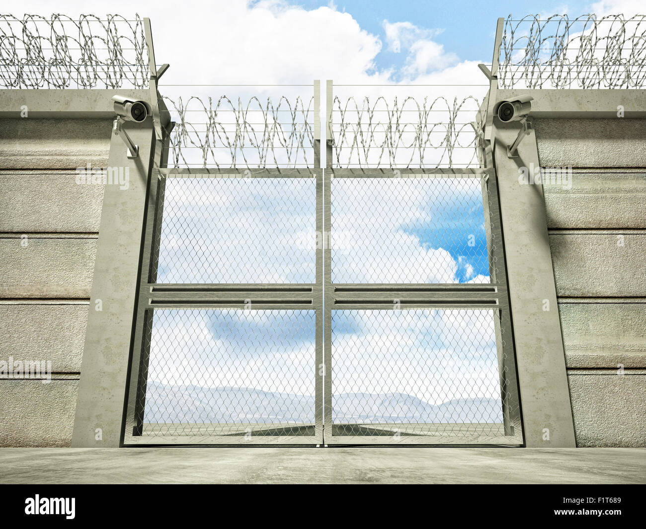 3d image of security border line gate with razor wire Stock Photo - Alamy