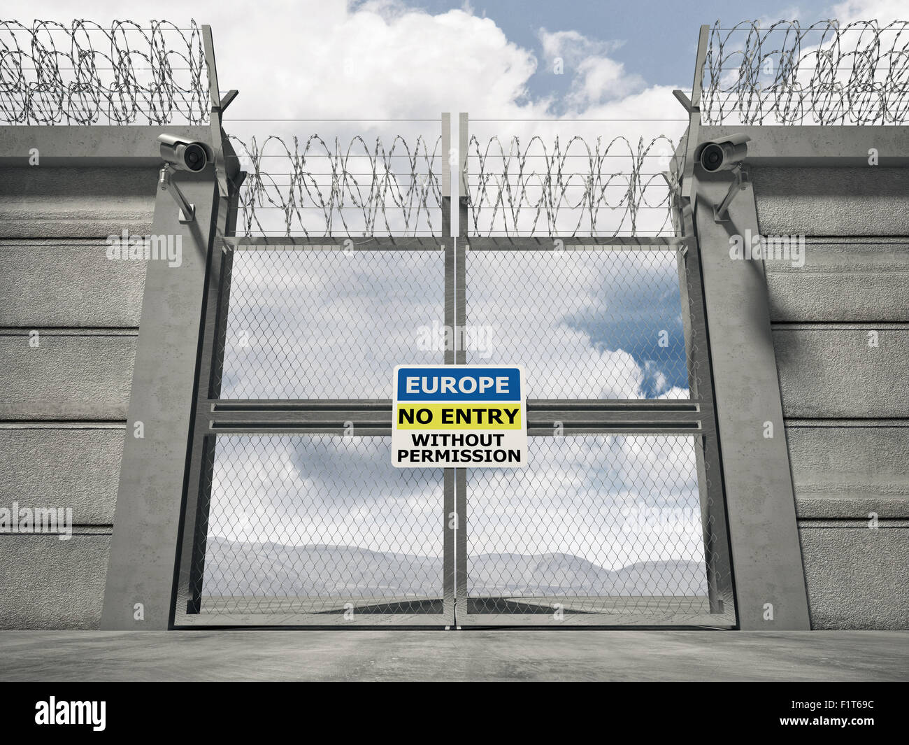 3d image of security border line gate with razor wire Stock Photo - Alamy