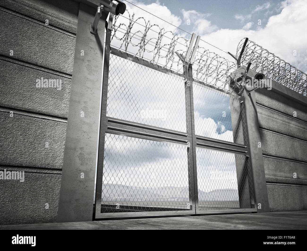 3d image of security border line gate with razor wire Stock Photo - Alamy