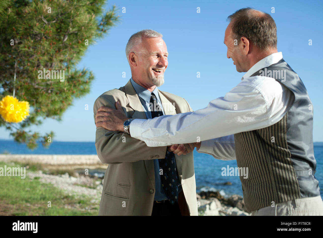 Father of the bride shaking hands with wedding guest Stock Photo - Alamy