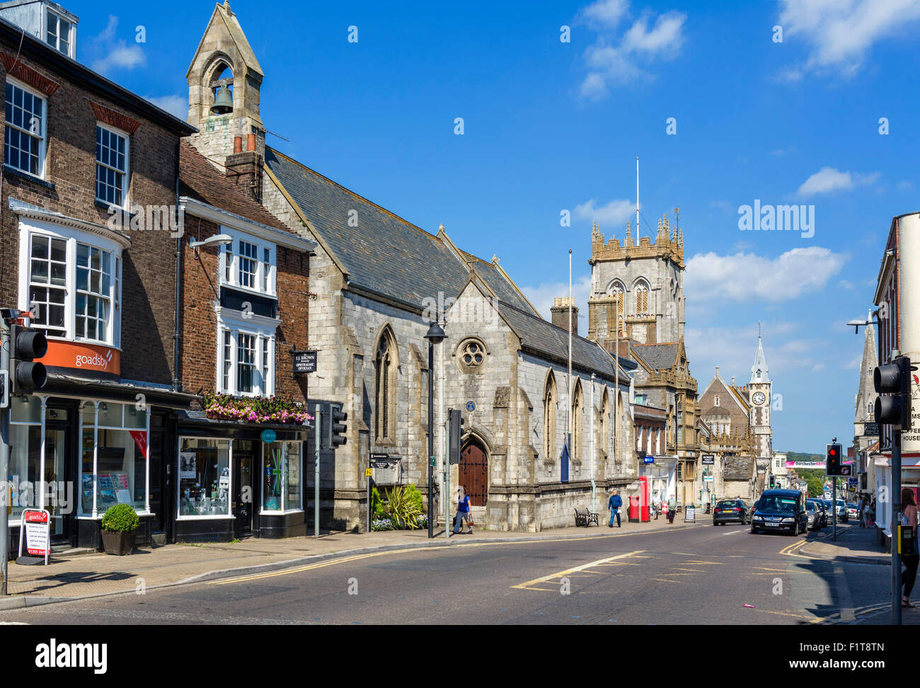 Shops and market stalls on Cornhill in the town centre, Dorchester ...
