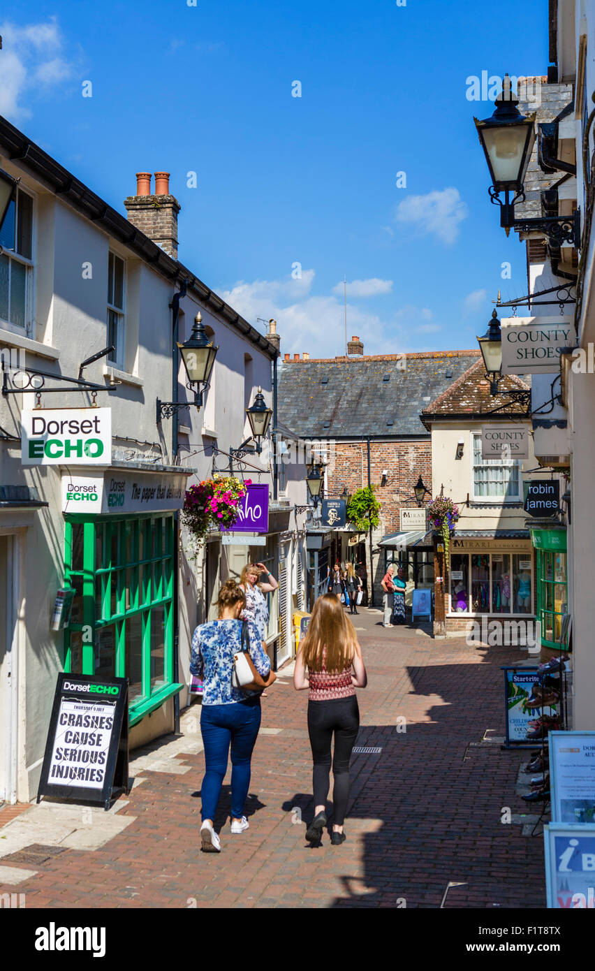 Shops on Antelope Walk in the town centre, Dorchester, Dorset, England ...