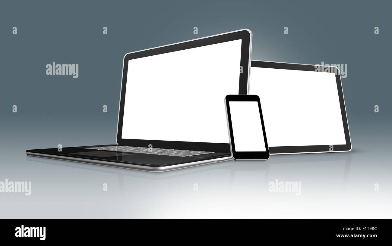 3D High Tech laptop, mobile phone and digital tablet pc - isolated on a ...