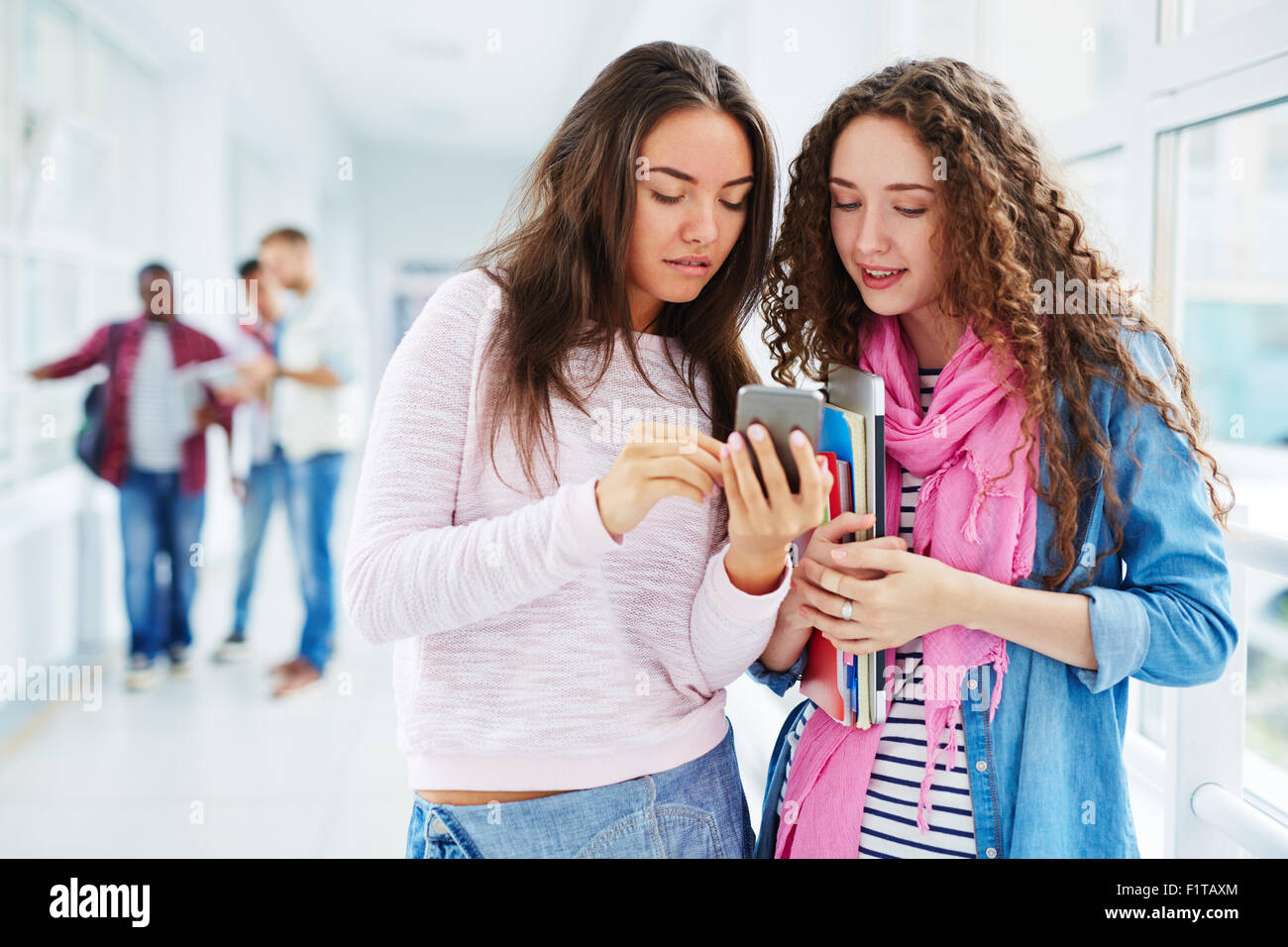 Teenage girls with cellphone interacting during break Stock Photo - Alamy