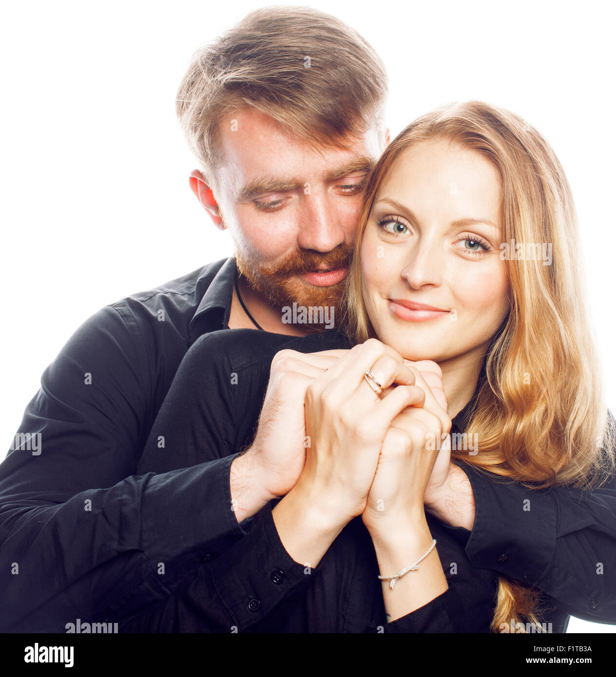 young tender couple, man and woman in love isolated on white Stock ...