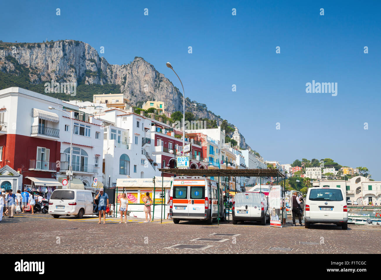 Capri, Italy - August 14, 2015: Cityscape photo of Capri port, tourists ...