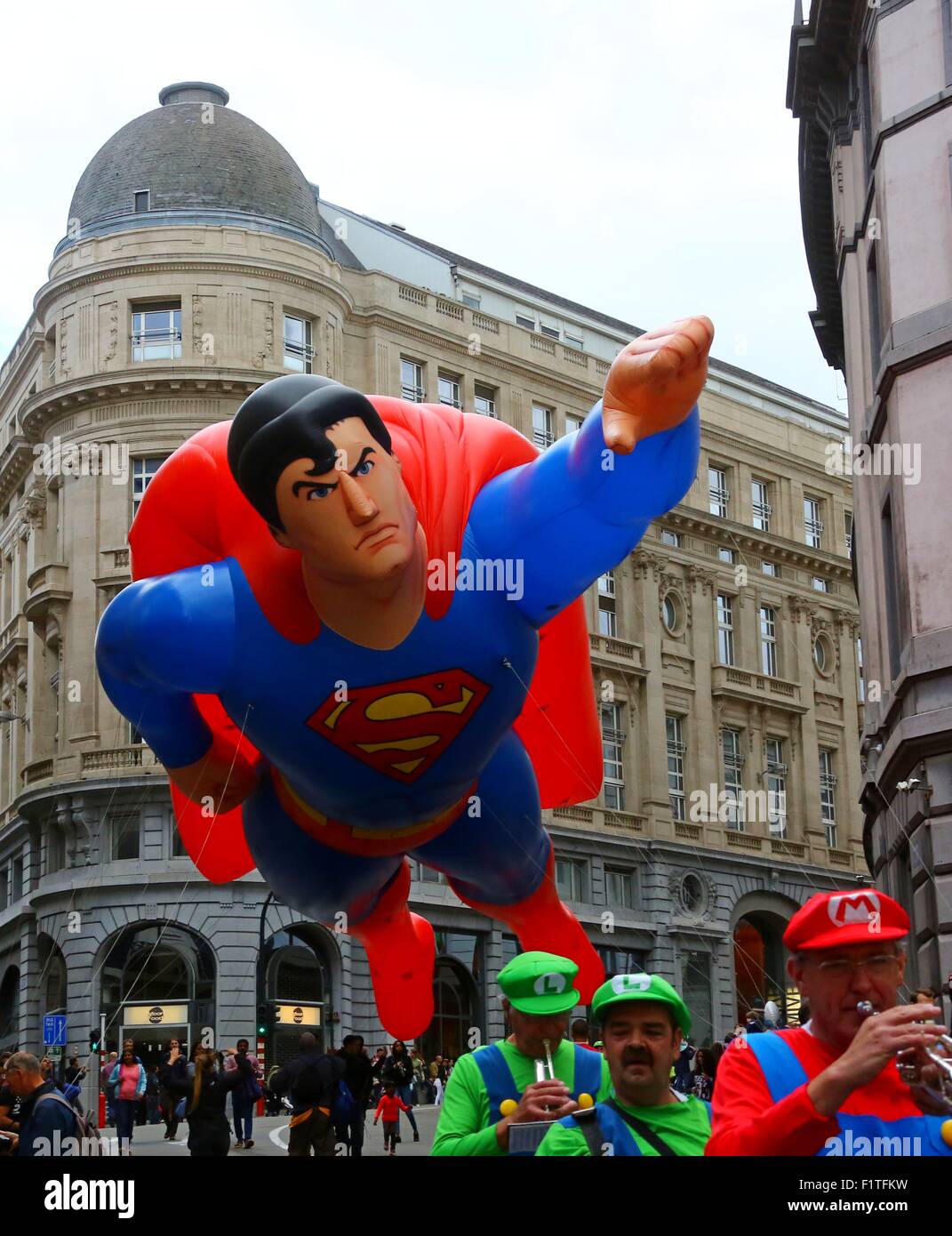 Brussels, Belgium. 6th Sep, 2015. An inflatable "Superman" is seen ...