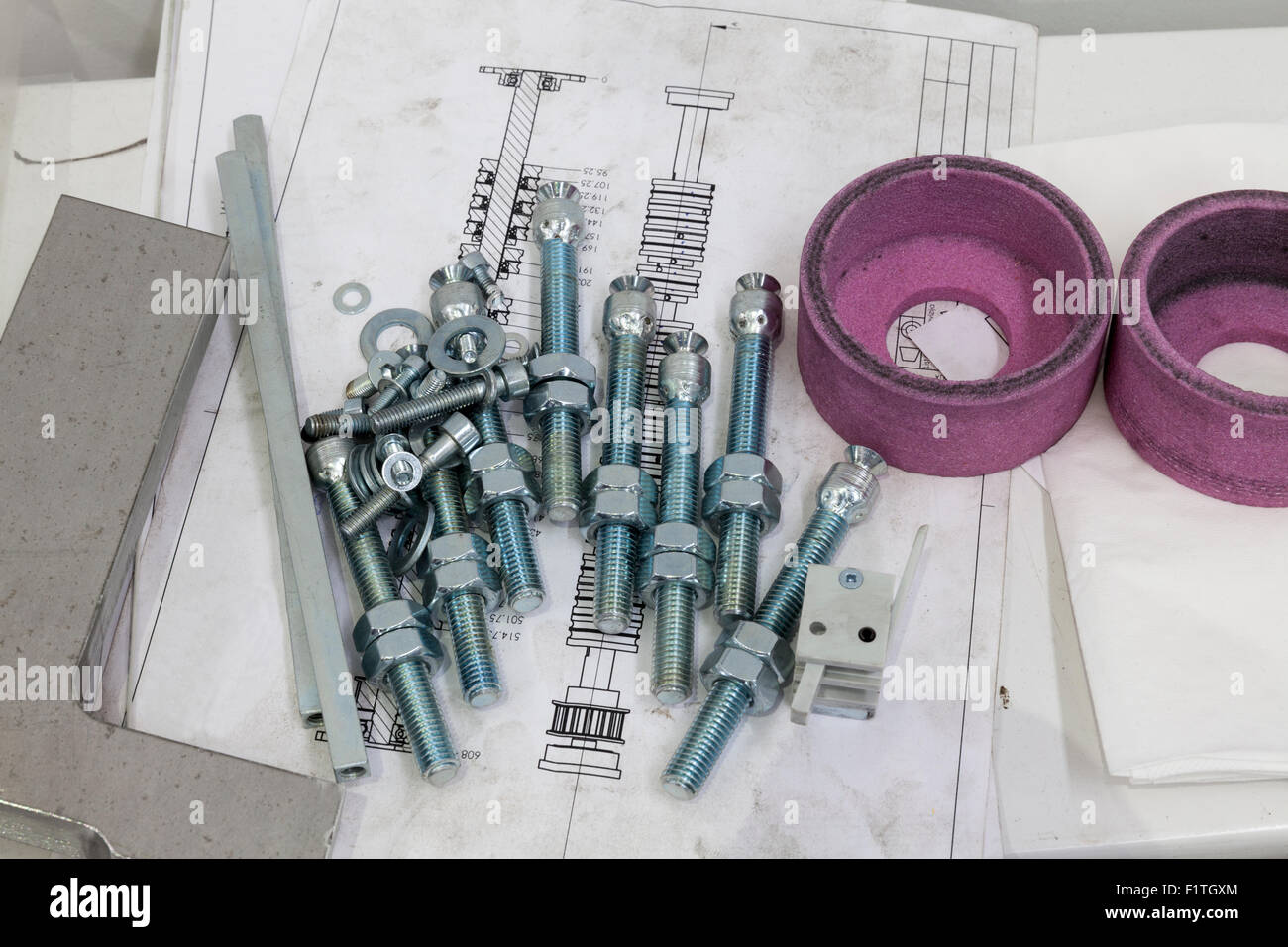 metal screws on a technical drawing Stock Photo - Alamy
