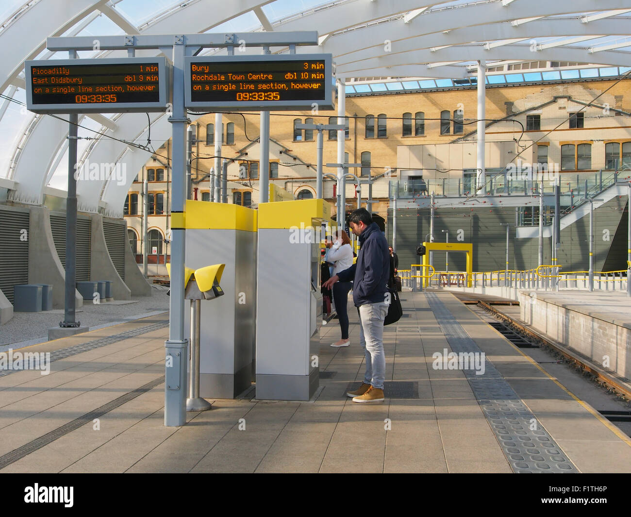 Metrolink stop at Victoria train station Manchester, UK, showing a ...