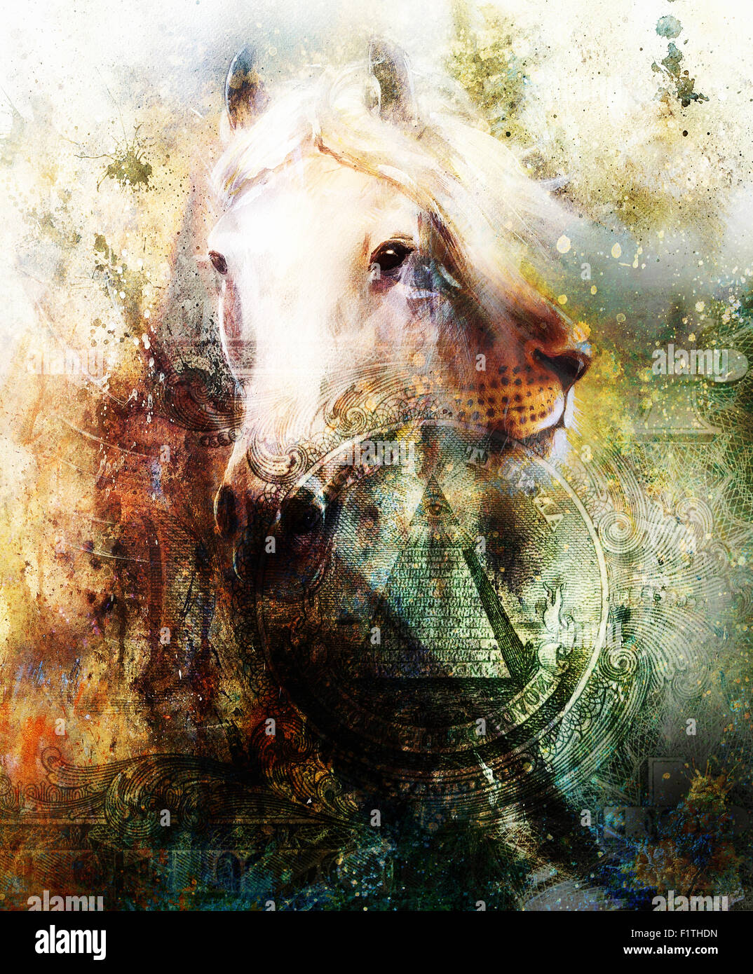 Horse and lion heads, abstract ocre background, with one dollar collage ...