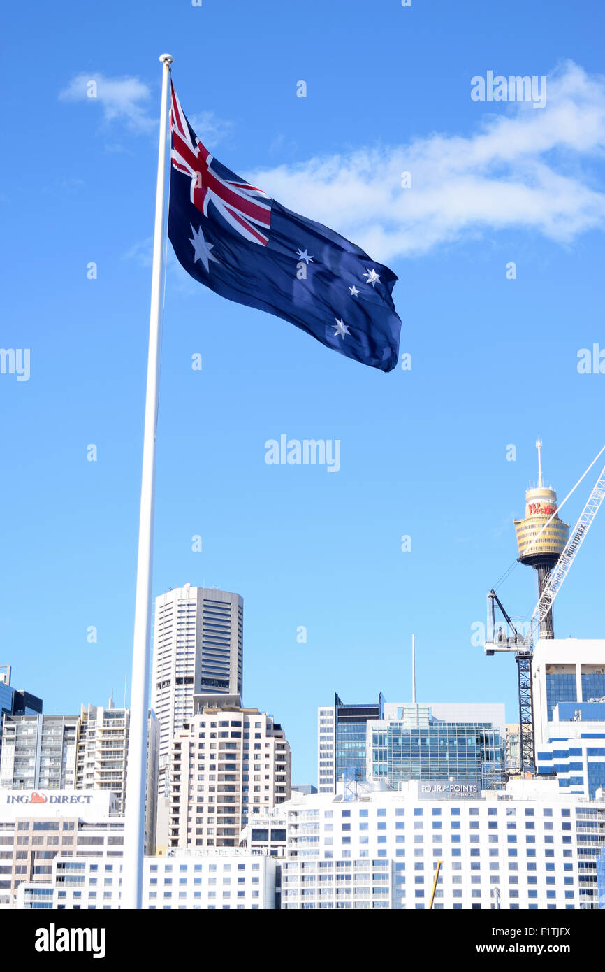 Australian flag with buildings of the CBD on August 2015 in Sydney ...
