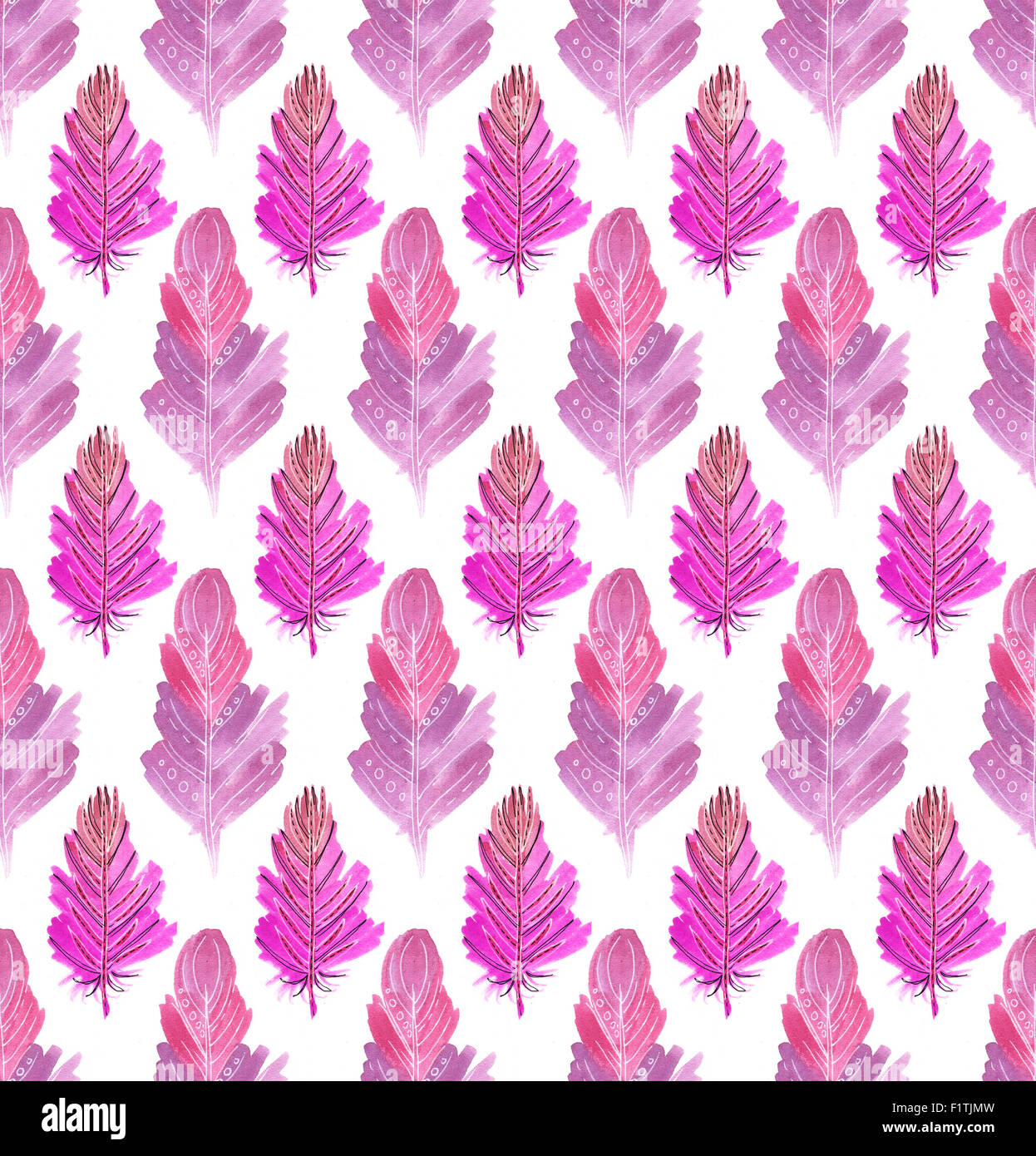 Seamless pattern of pink feathers. Hand drawing watercolor. Two types ...