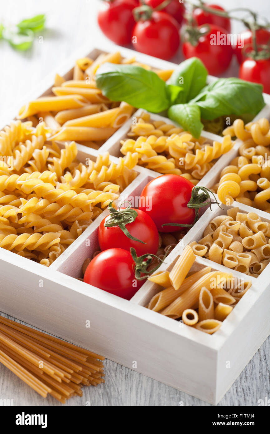 various raw wholegrain pasta in white wooden box Stock Photo - Alamy