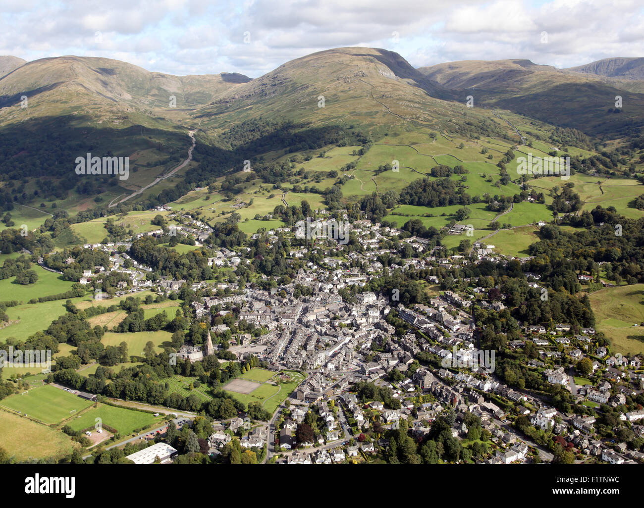 aerial view of Ambleside at the top of Lake Windermere, Cumbria, UK ...