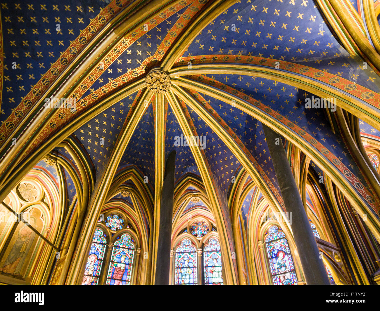 Ceiling of the Lower Floor Sainte Chapelle. Extravagant arches gilded ...