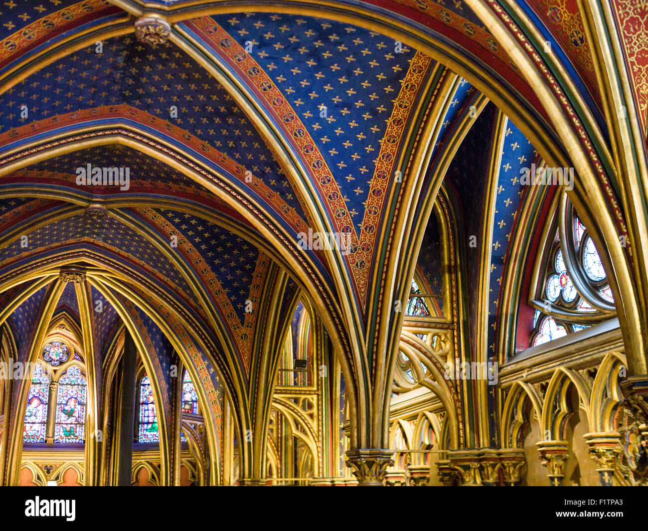 Ceiling of the Lower Floor Sainte Chapelle. Extravagant arches gilded ...